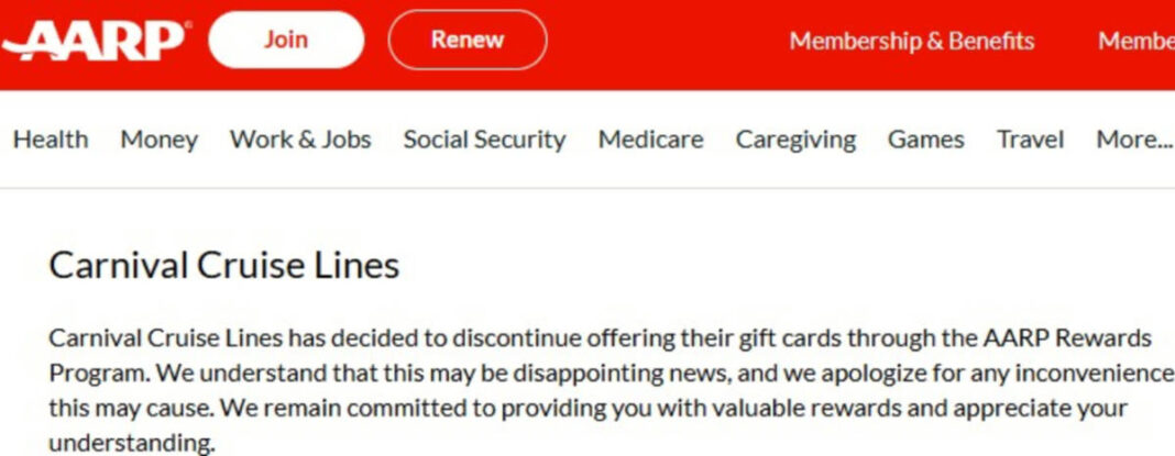 Carnival Cruise Line Decides to Stop Offering Gift Cards Through AARP