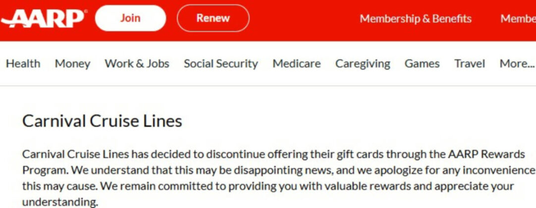 Carnival Cruise Line Decides to Stop Offering Gift Cards Through AARP