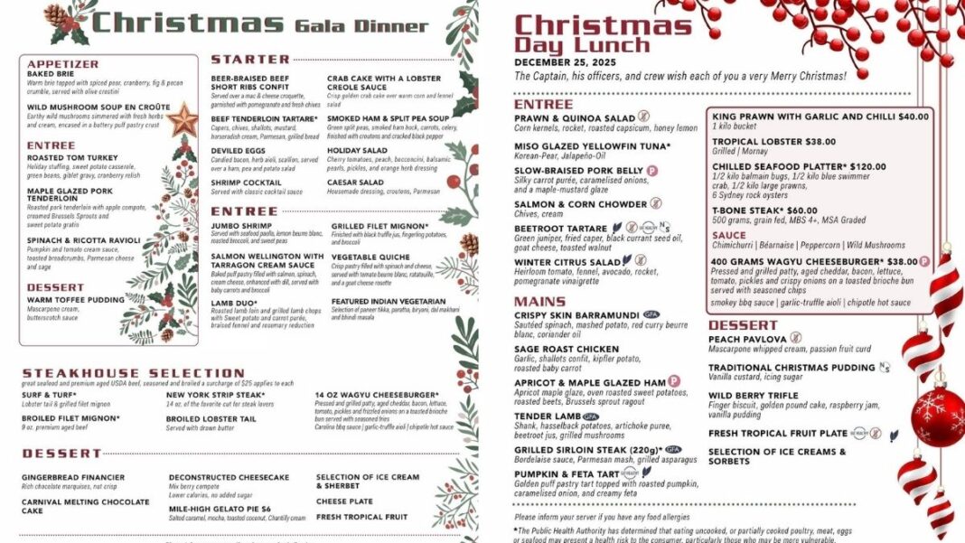 Carnival Unveils Festive Christmas Menus for Its Entire Fleet