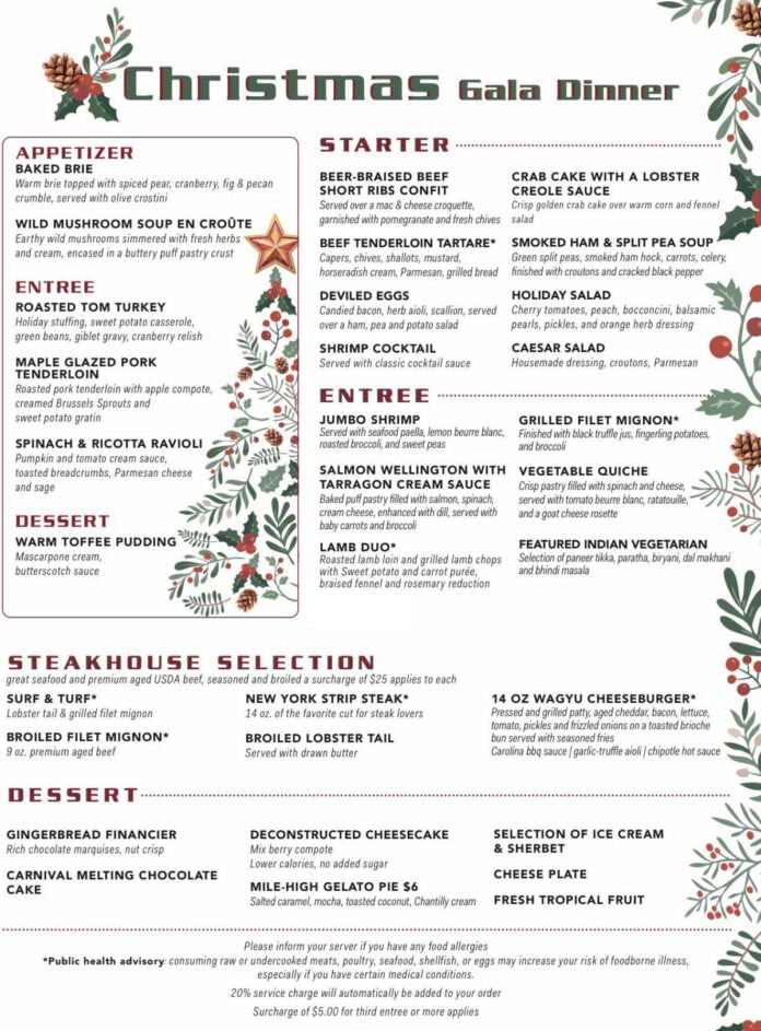 Carnival Unveils Festive Christmas Menus for Its Entire Fleet
