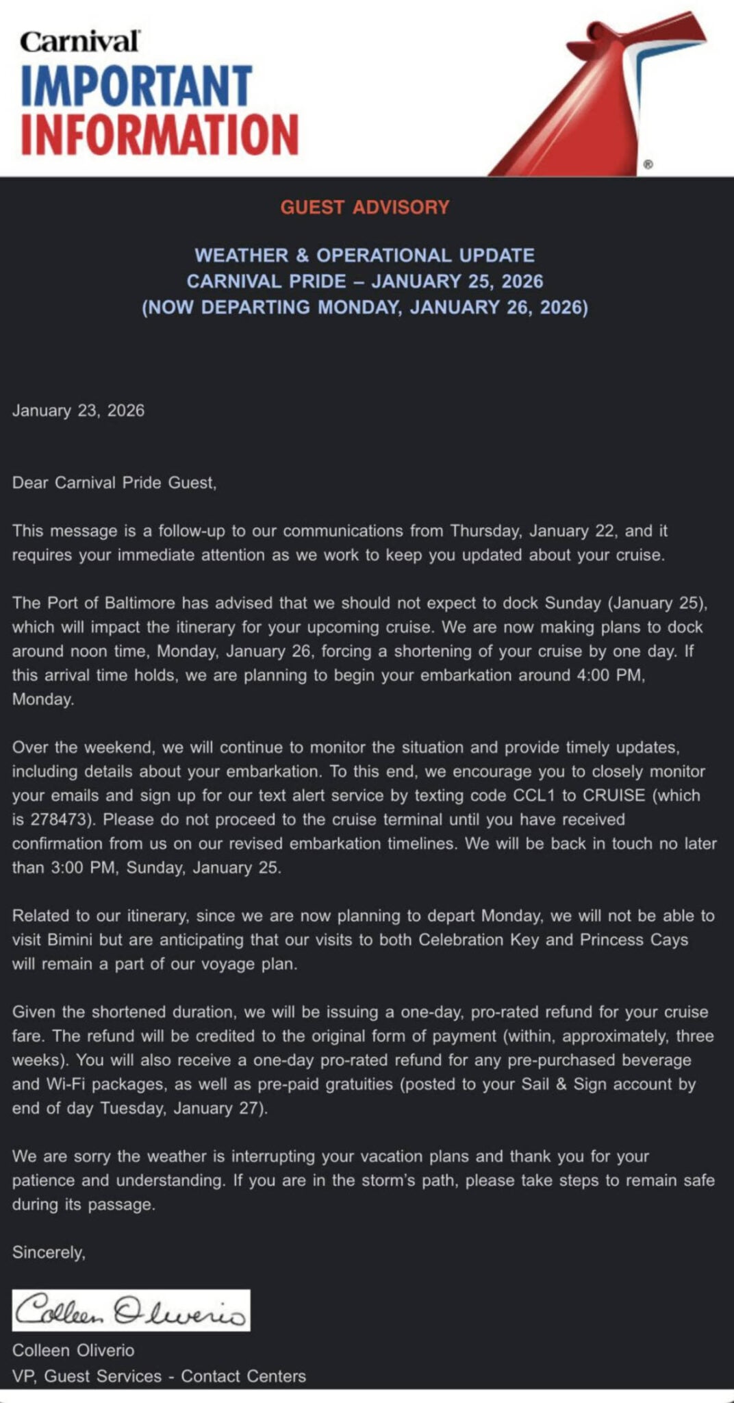Carnival Ship Delayed by Winter Storm, Next Baltimore Cruise Cut Short