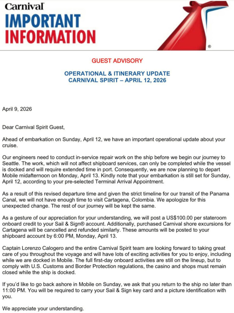 Carnival Spirit Repositioning Cruise Faces Delay and Lost Port Stop